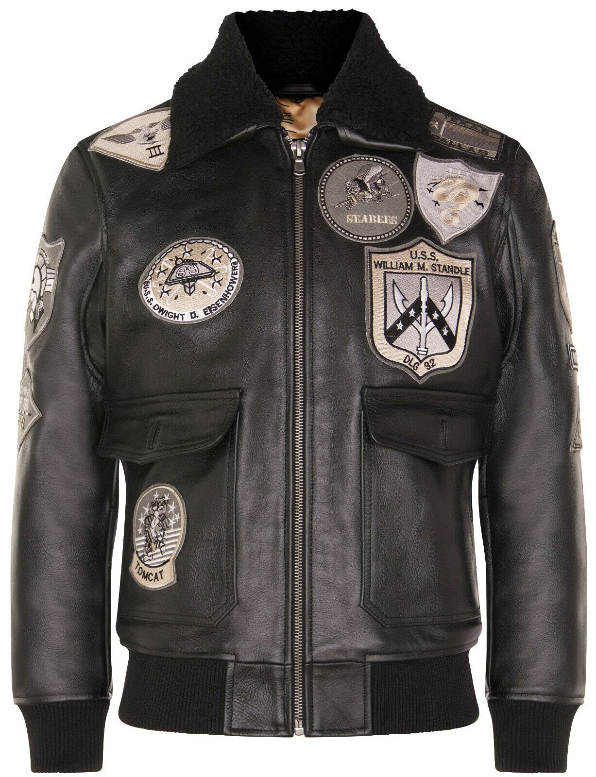 Buy Men's Leather Black Jacket Sheepskin Collar Maverick Flying A2 ...
