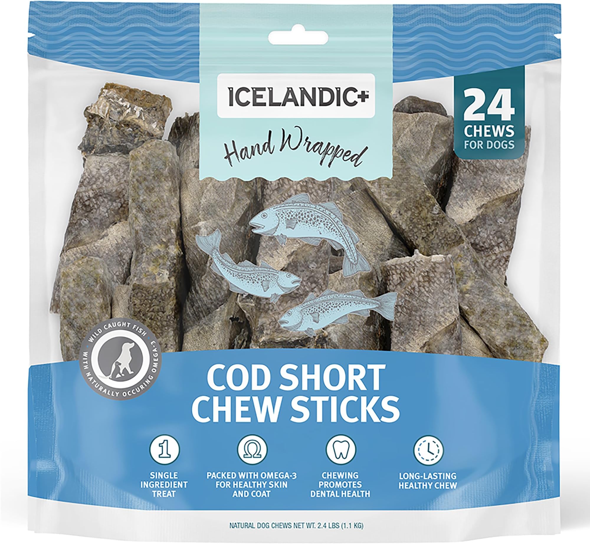 Amazon.com : Icelandic+ Cod Skin Short Chew Sticks 5" - 24 Pack Bag ...