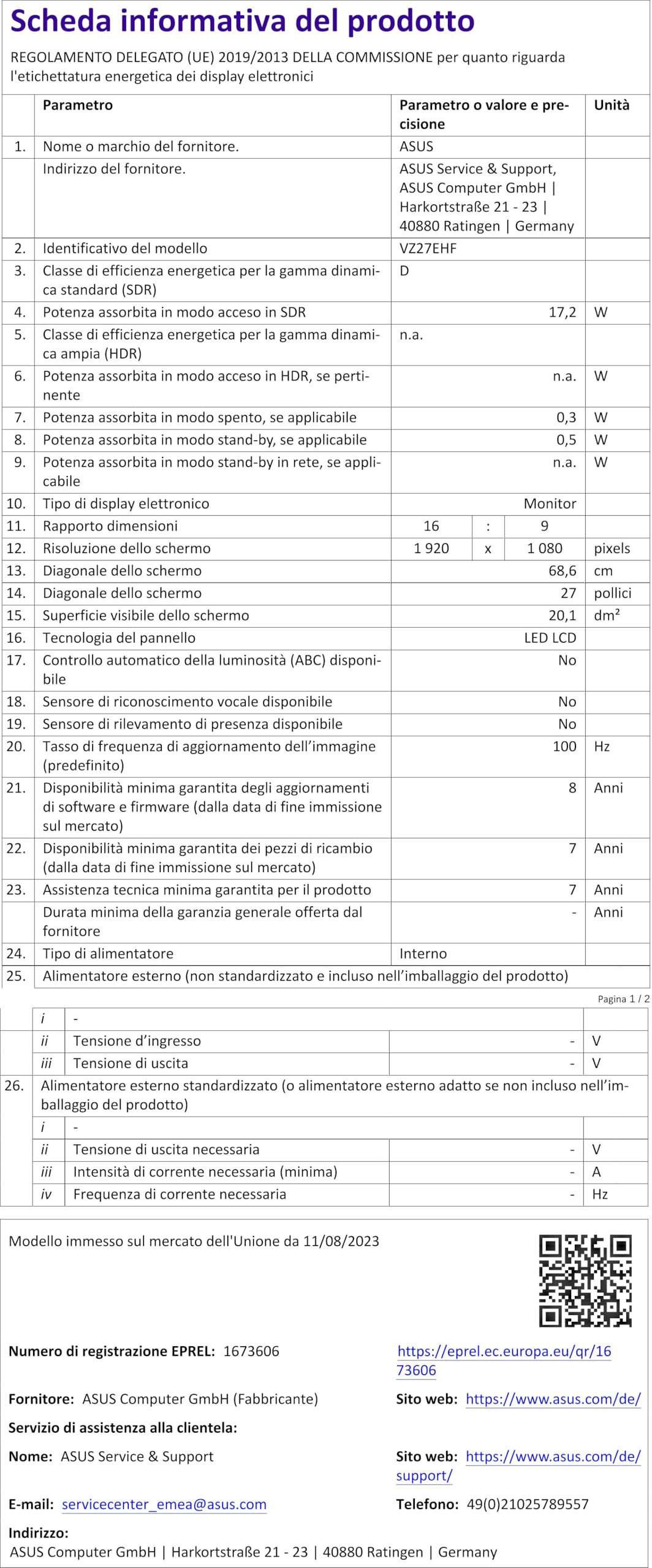 ASUS VZ27EHF Monitor Gaming Eye Care da 27” pollici, Full HD (1920x1080 ...