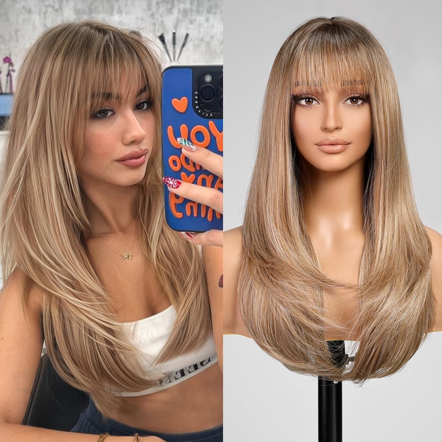 Amazon.com : KOME Ash Blonde Long Layered Wig with Bangs,Straight Hair ...
