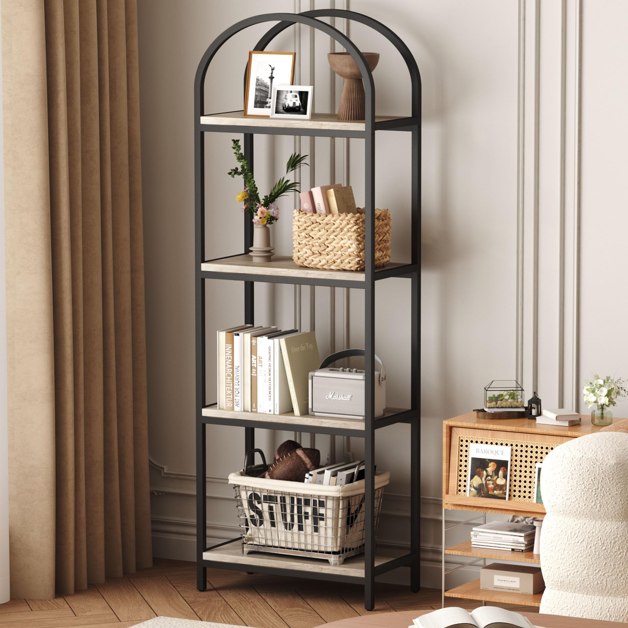 HOME BI Arched Bookshelf,4 Tier Metal Frame Bookcase, Modern Bookcases ...