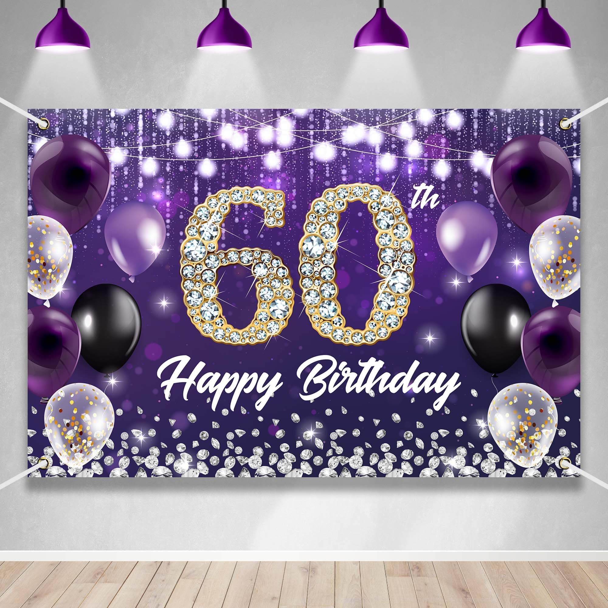Amazon.com : Happy 60th Birthday Backdrop Banner Purple Theme ...