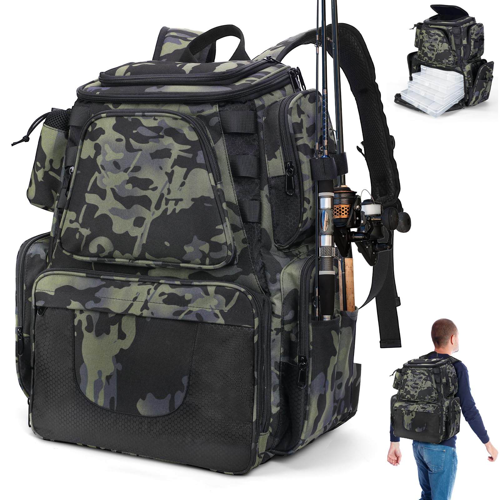LYtech 38L Fishing Tackle Backpack with Rod Holder Waterproof Large ...