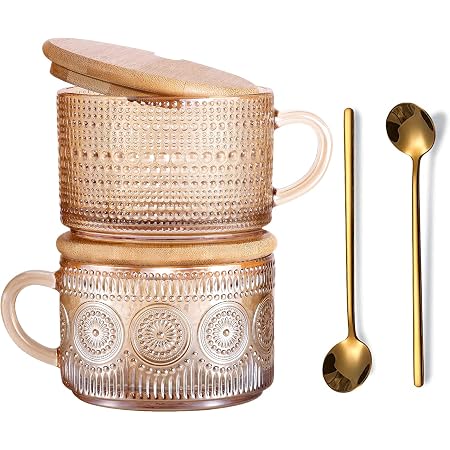 Amazon.com | JVJRFQ Vintage Glass Coffee Mugs Set of 2 Amber, Embossed ...