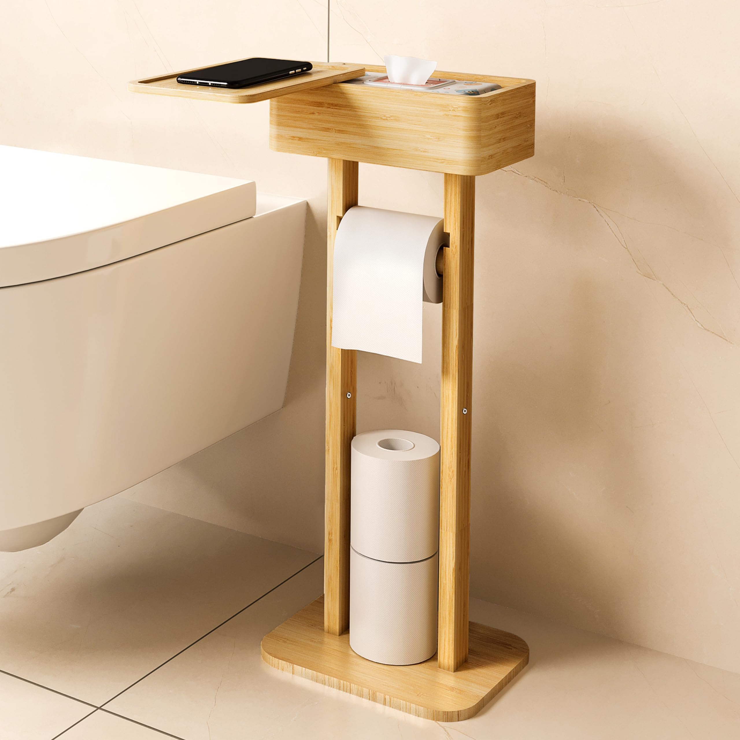 Amazon.com: Bamboo Free Standing Toilet Paper Stand,3 Rolls of Tissue ...