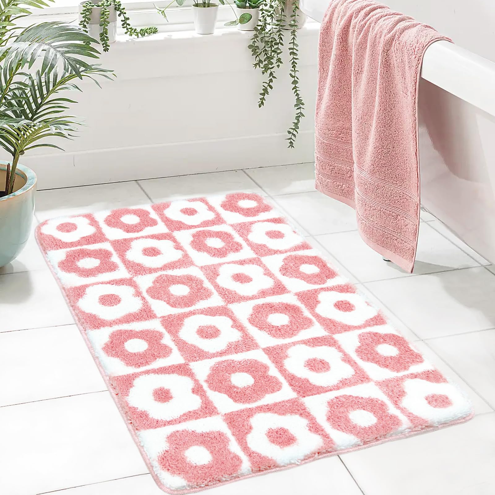 Amazon.com: Homantic Pink Bathroom Rugs Checkered Rug Super Soft Pink ...