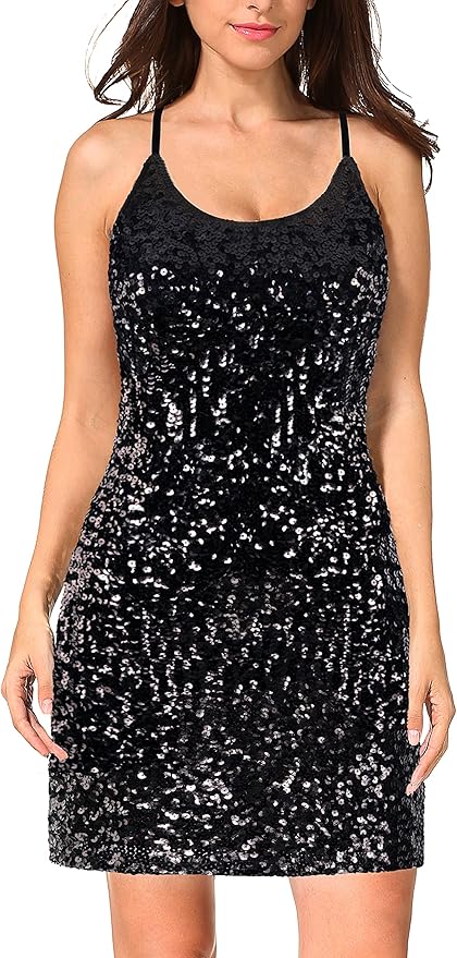 MANER Women's Glitter Sequin Dress Adjustable Spaghetti Strap Sparkle ...