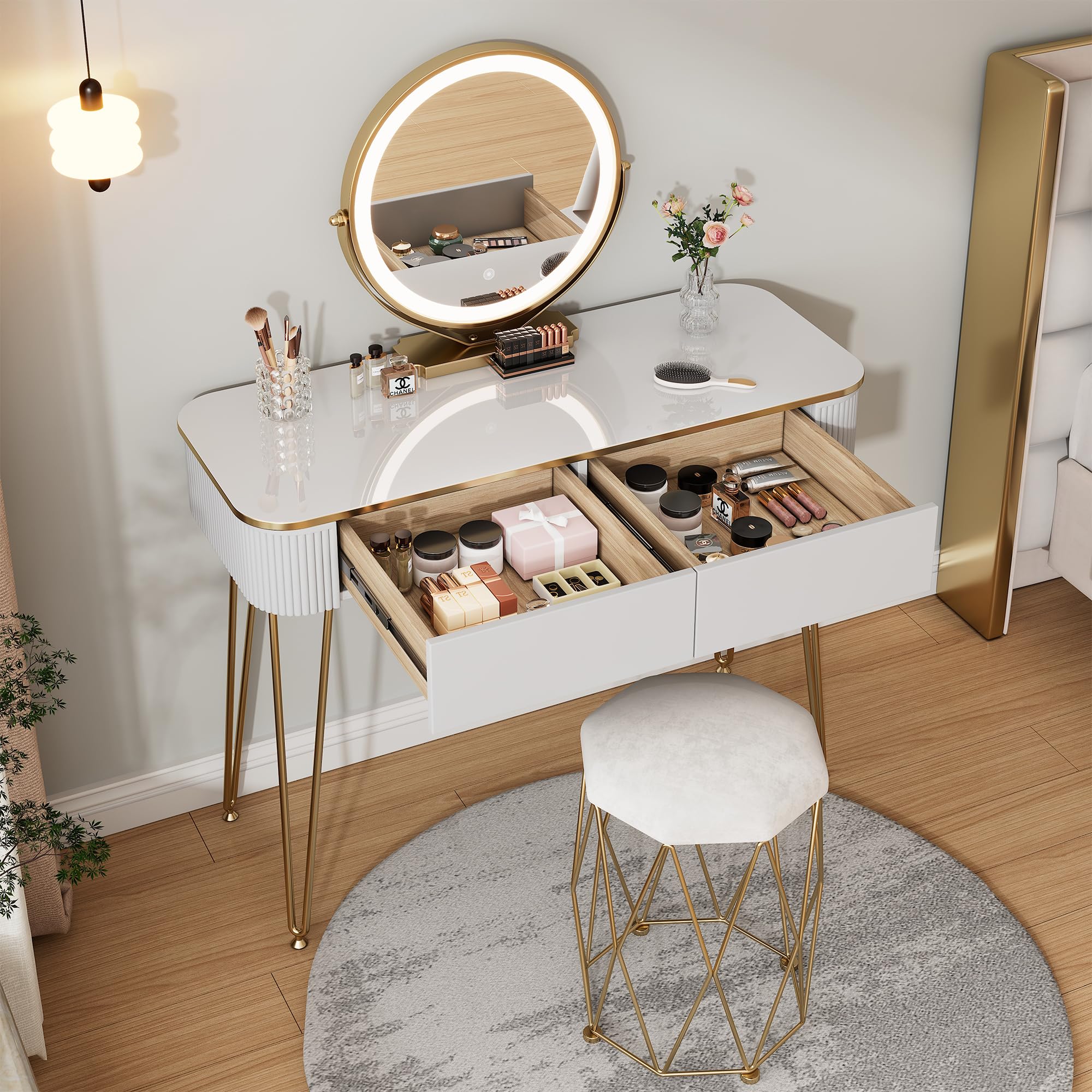 Amazon.com: Homebeez Vanity Desk with Mirror and Lights, 360° Rotable ...