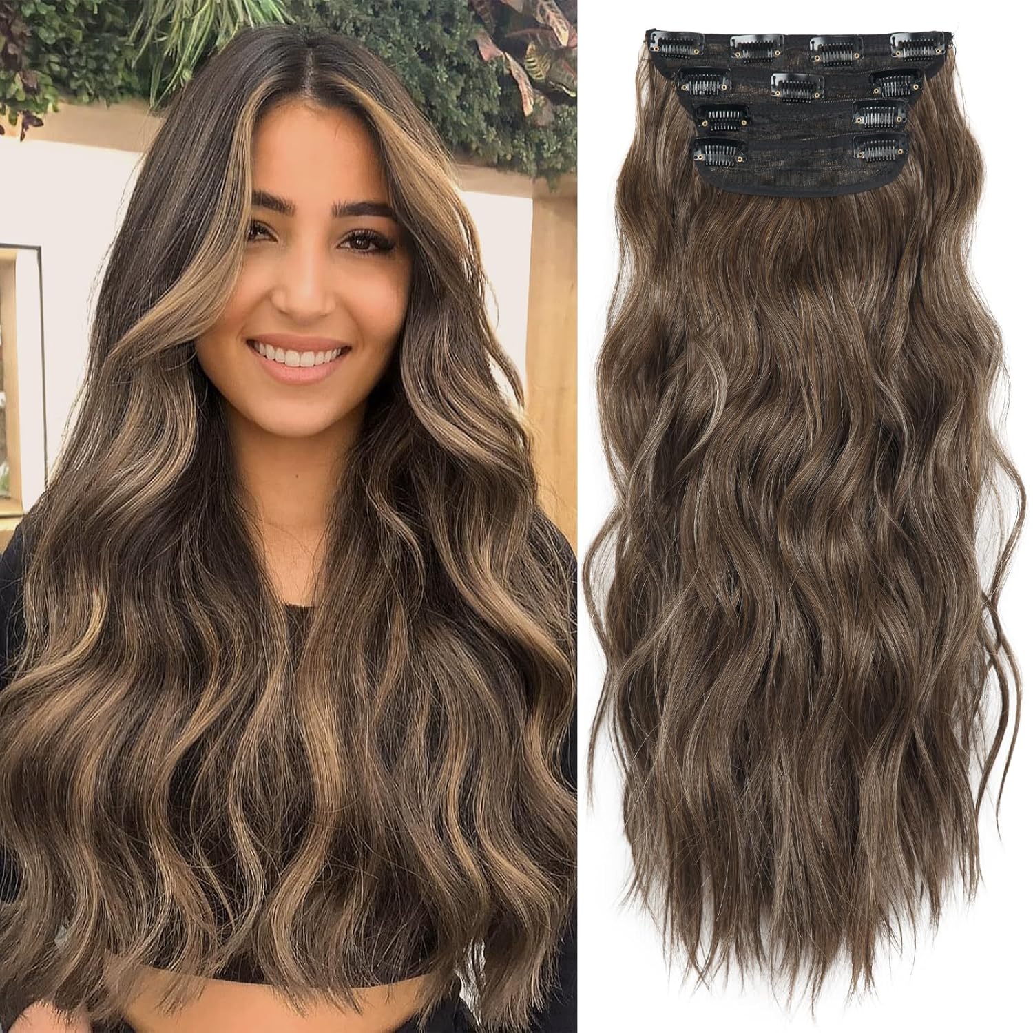 Amazon.com : LEEONS 20 inch Synthetic Hair Extensions Dark Brown Mixed ...