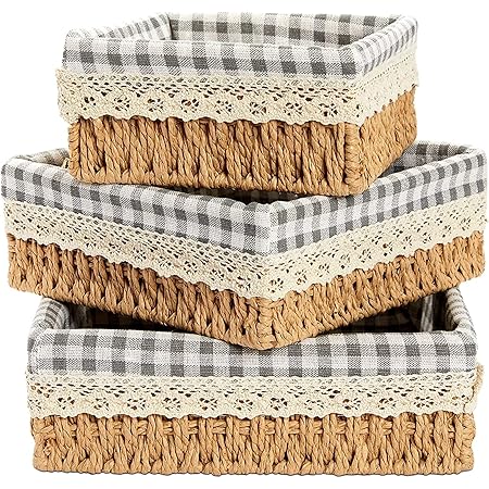 Set of 3 Rectangular Wicker Baskets with Removable Liner, Woven Storage ...