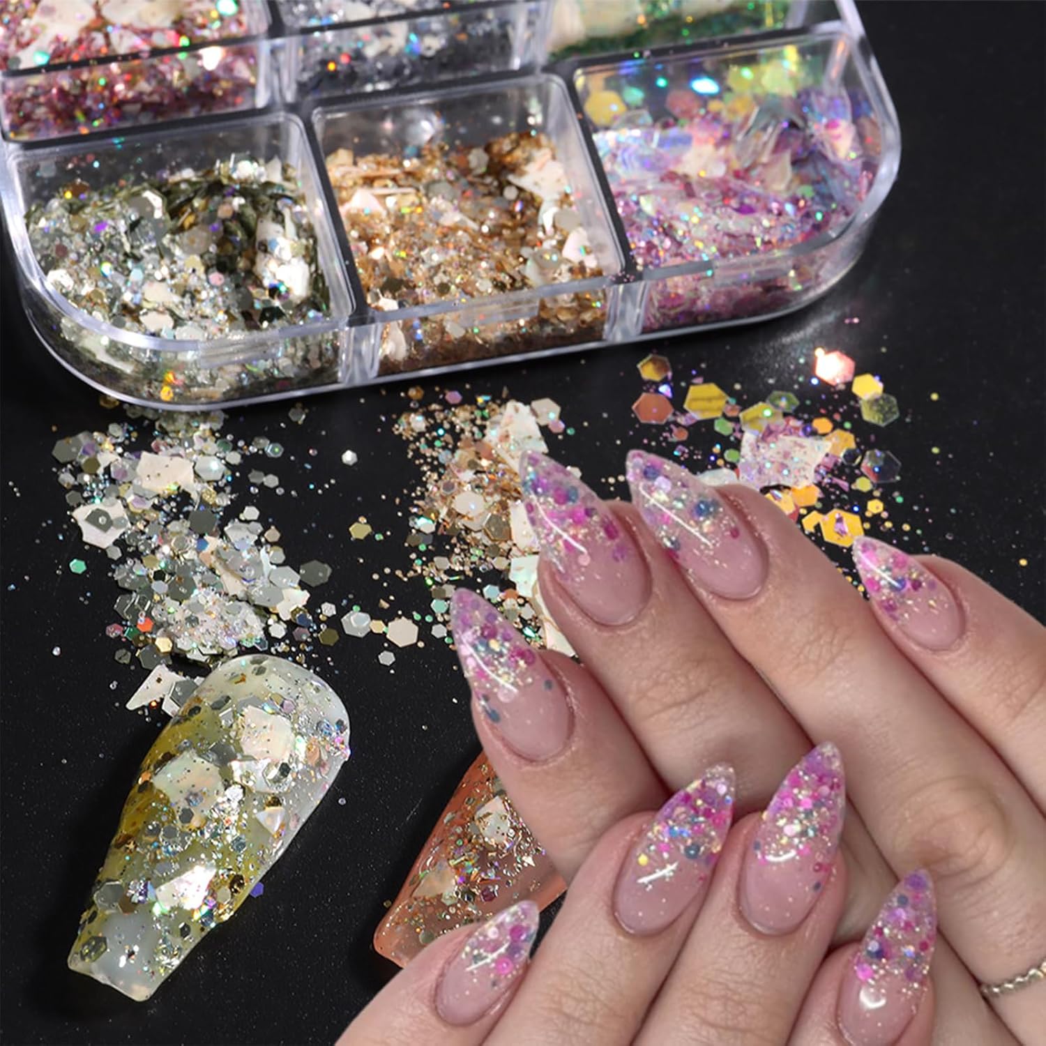 Amazon.com: 6Grid Mermaid Glitter Nail Art Sequins, Holographic 3D ...