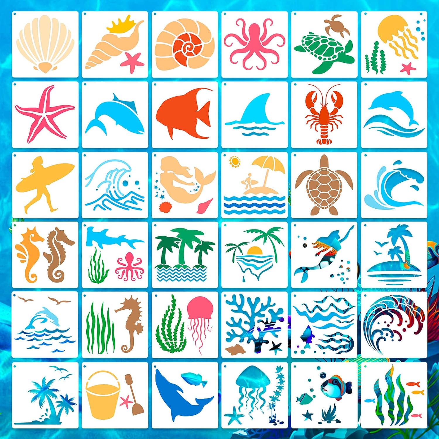 36PCS Ocean Creatures Stencils, Reusable Sea Animal PET Template, DIY ...