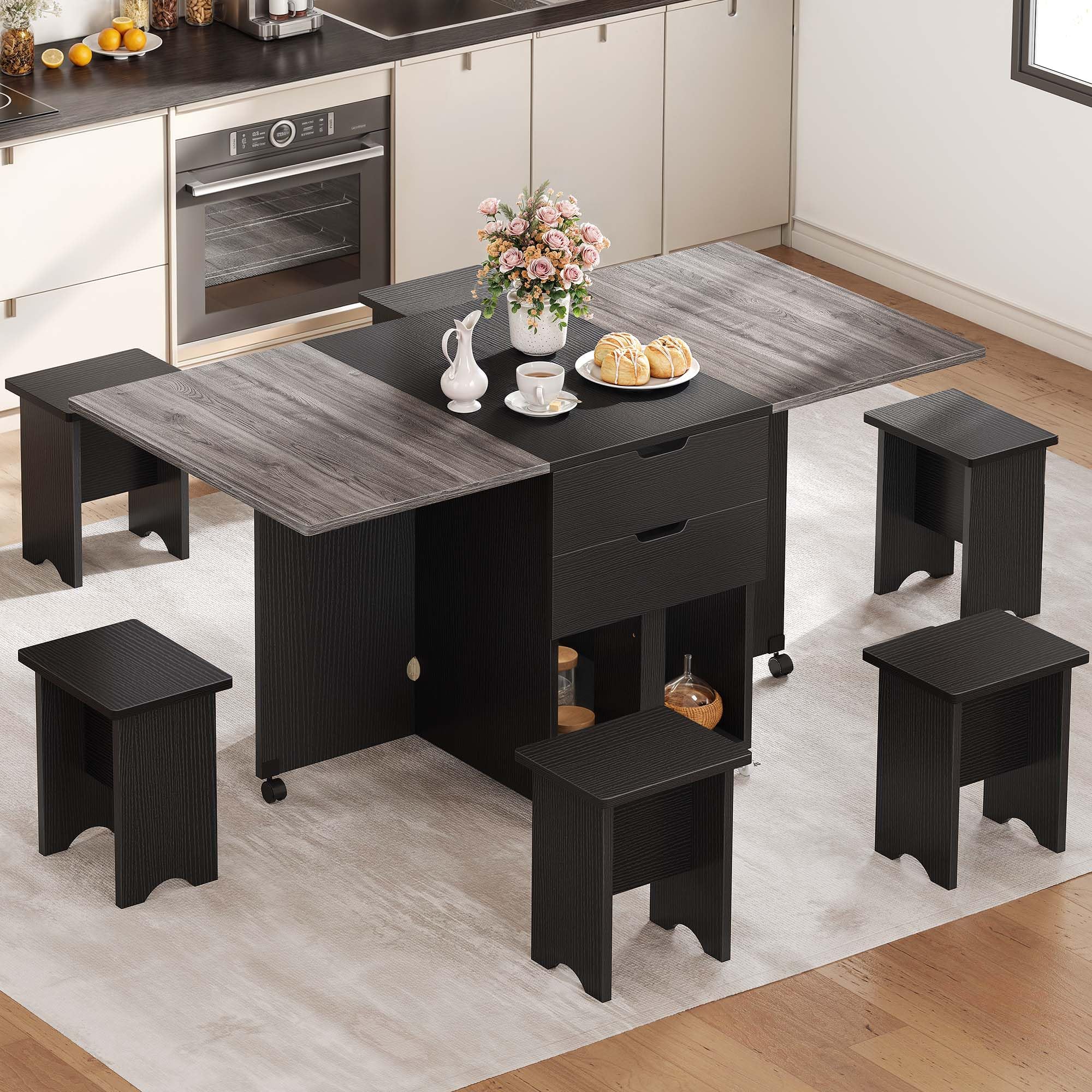 DWVO 7 Pieces Folding Extendable Dining Table Set with 6 Chairs for 6 ...