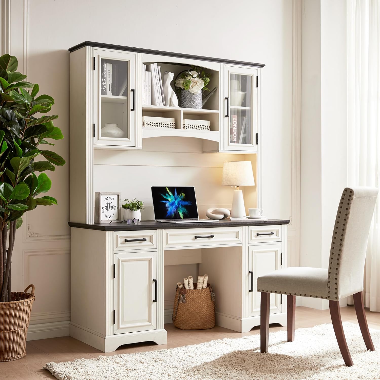 Amazon.com: JXQTLINGMU Farmhouse 76" Height Computer Desk with Hutch ...