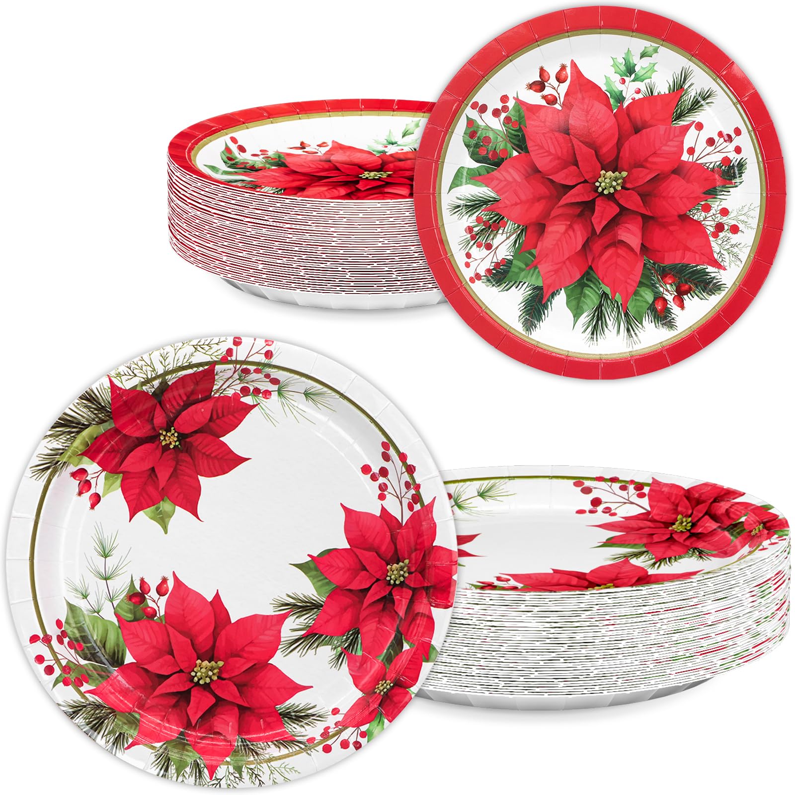 Amazon.com: Poinsettia Christmas Paper Plates 100 Count, 9.2" Dinner ...