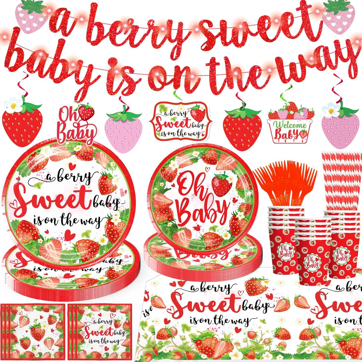Amazon.com: 177 Pcs Strawberry Baby Shower Decorations, Berry Sweet Baby Shower Banner Hanging ...