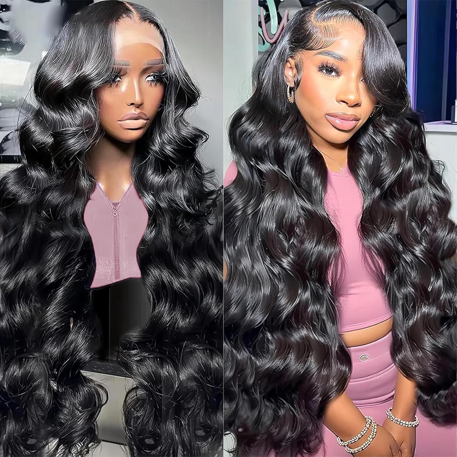 Amazon.com : Lemoda 28 Inch Full 13x6 Lace Frontal Wigs Human Hair 180 Density Body Wave HD ...