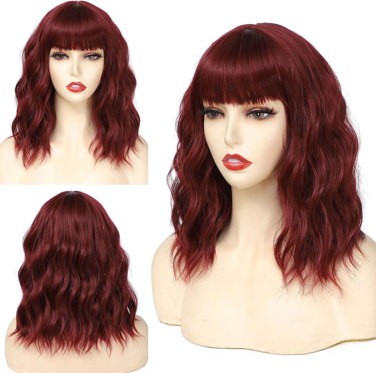 Amazon.com : Veally Wavy Bob Wigs with Bangs for Women Black Mixed Pink ...