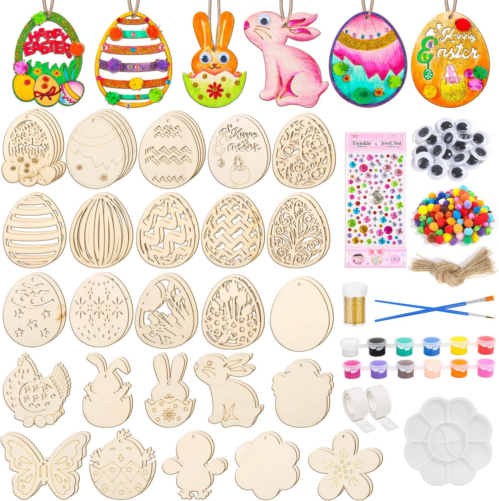 Amazon.com: 56Set Easter Wooden Ornaments with Pompoms Gold Powder ...