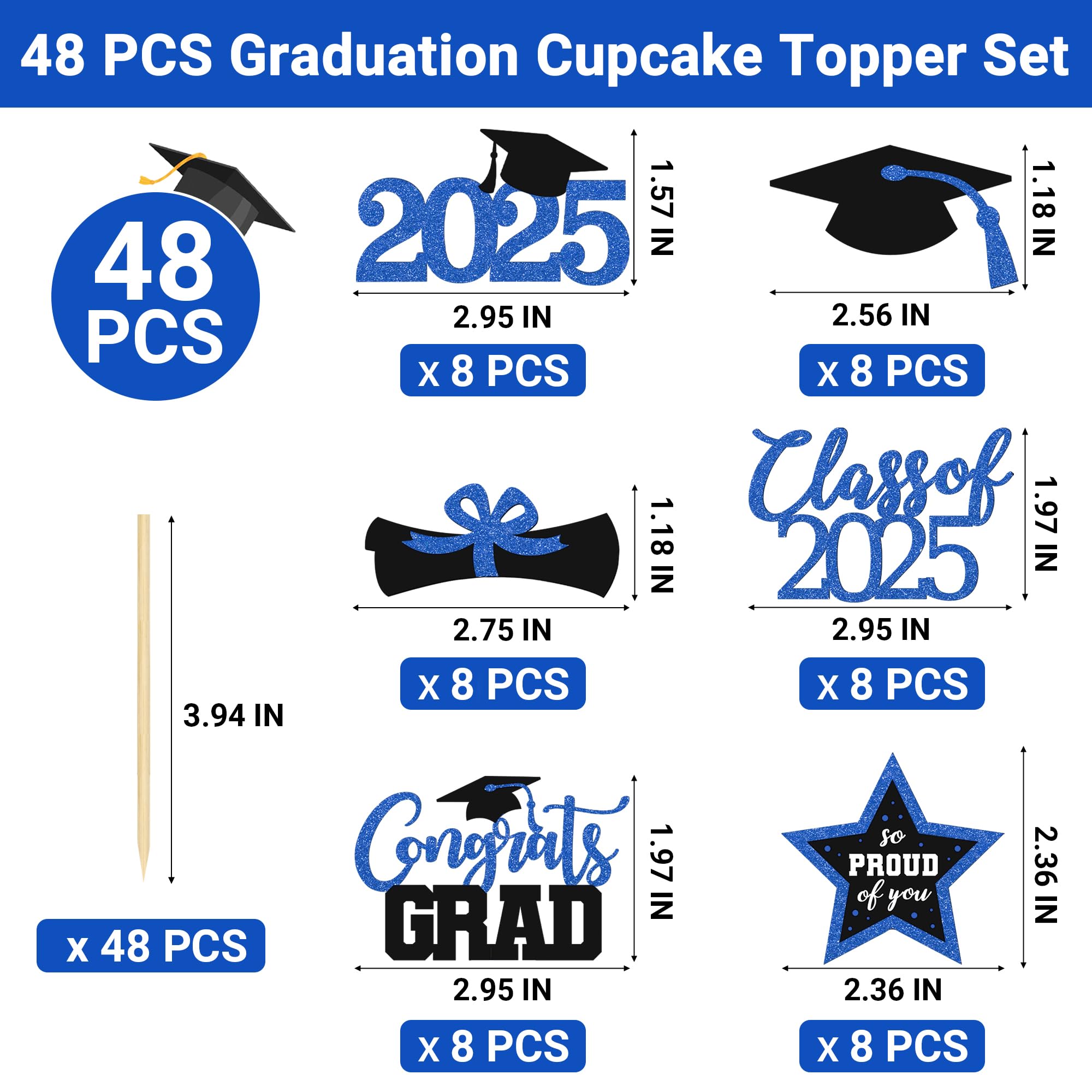 Snapklik.com : 48 PCS Graduation Cupcake Toppers 2025, 6 Style Black ...