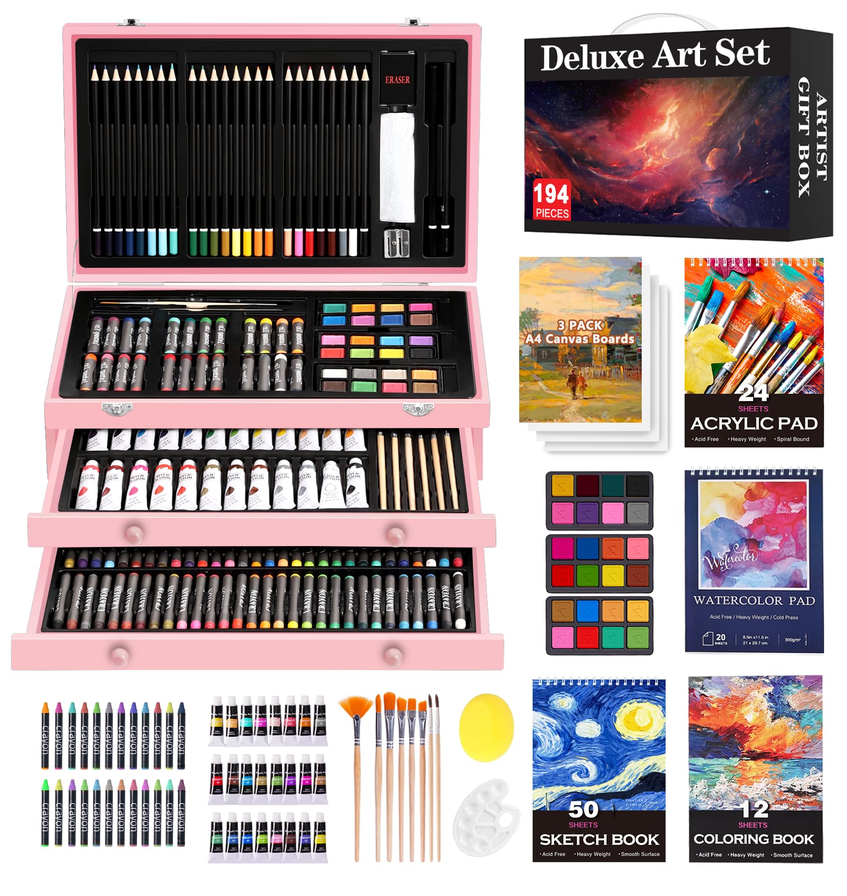 Amazon.com: 194 Piece Deluxe Art Set, Painting Drawing Art Supplies ...