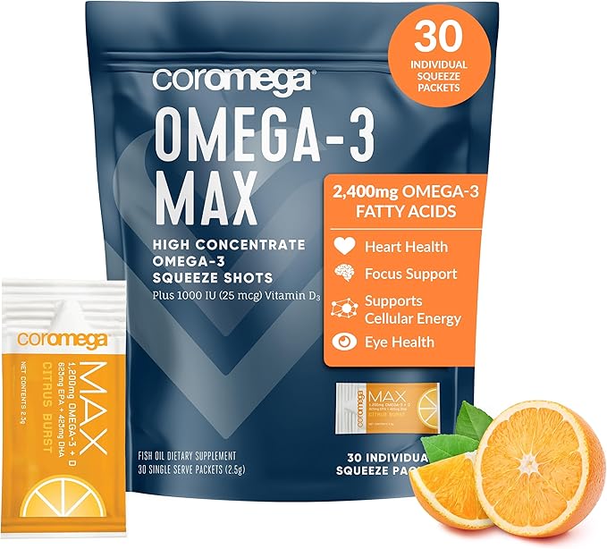 Coromega Max High Concentrate Omega-3 Fish Oil Squeeze Packets, DHA and ...