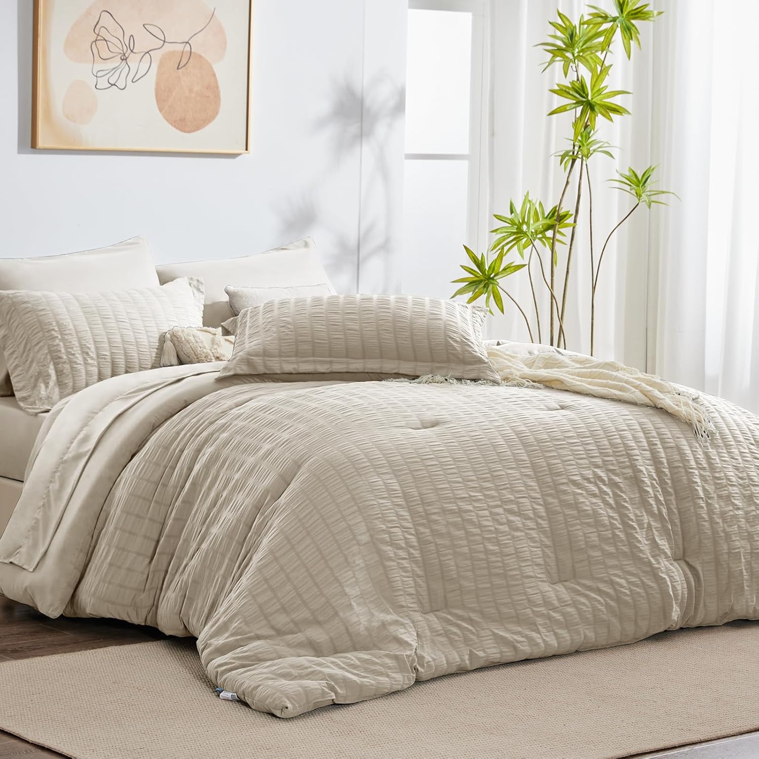 Amazon.com: CozyLux Queen Seersucker Comforter Set with Sheets Oatmeal ...