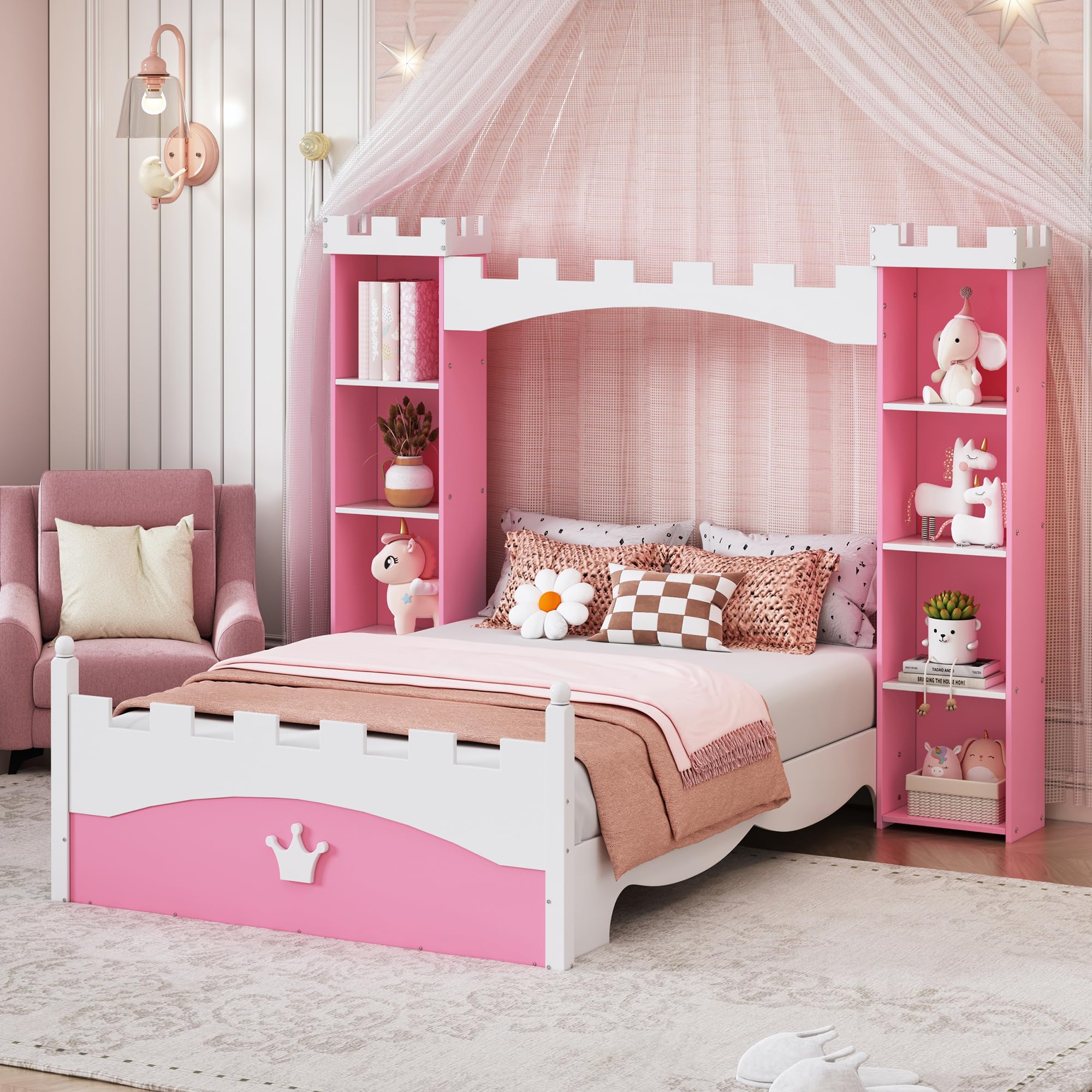 (box 2 of 2)Castle-Shaped Wooden Bed with Storage Shelf, Dreamy Twin ...