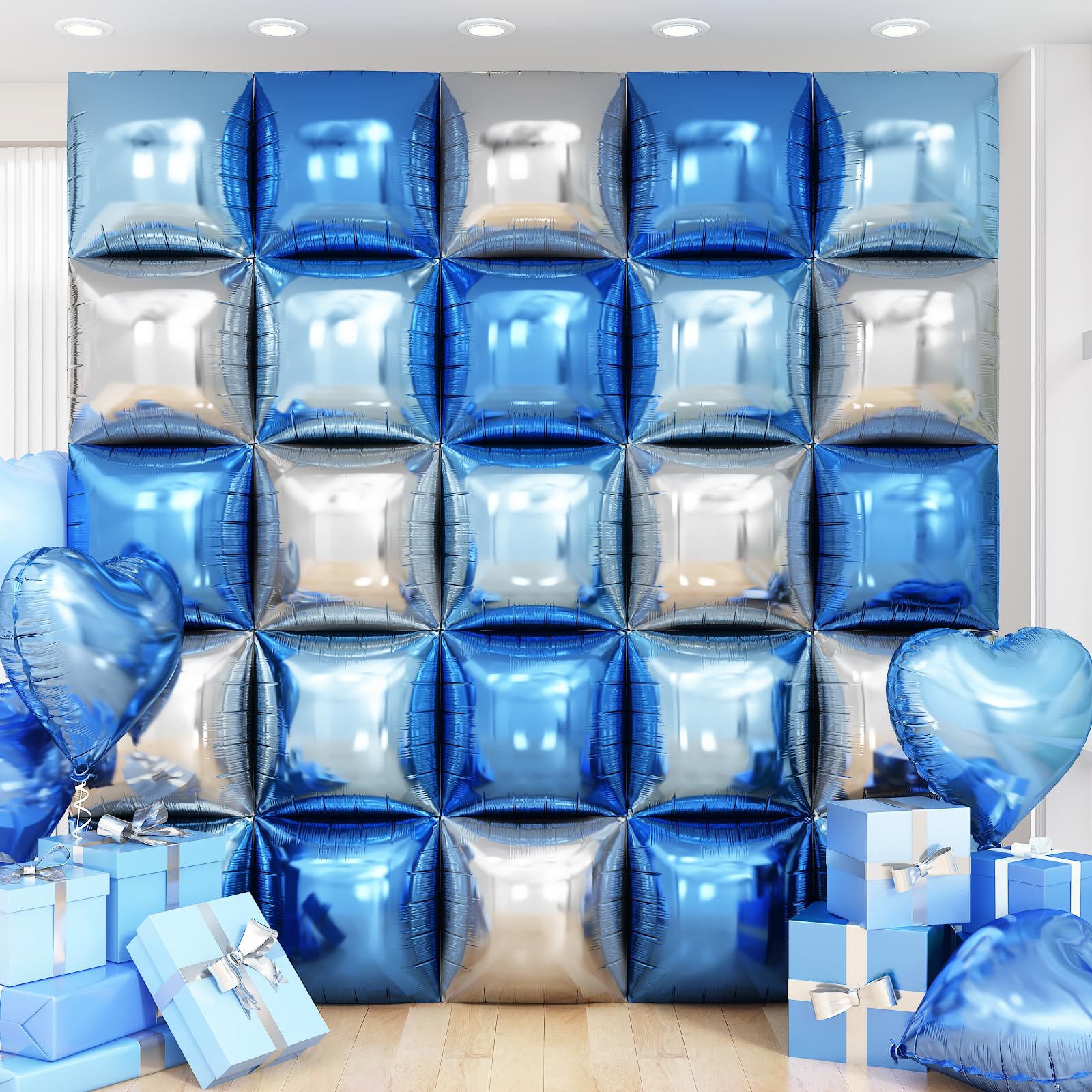 Amazon.com: Blue Silver Square Foil Balloon Wall,25Pcs Double Sided ...