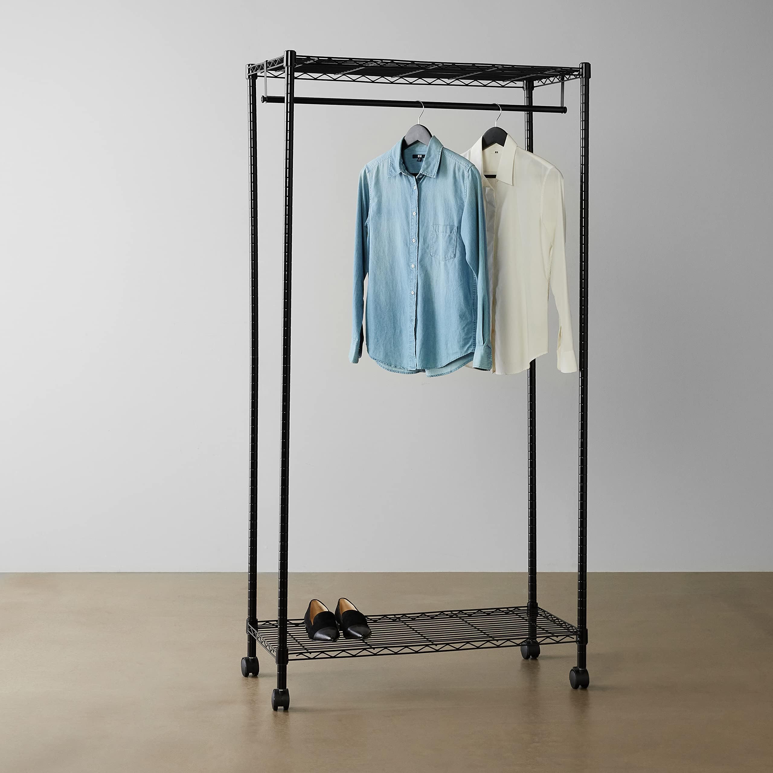 Amazon Basics Garment Rack with Top and Bottom Shelves, Black, 89 x 44 ...