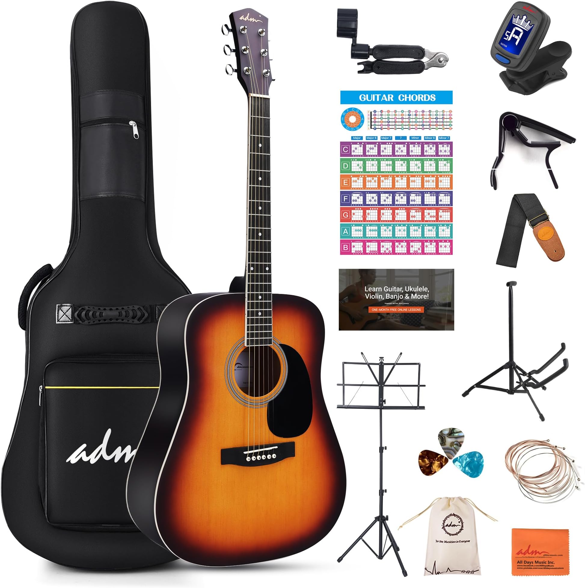 ADM Dreadnought Acoustic Guitar Kit with Free Lesson for Beginner Adult ...