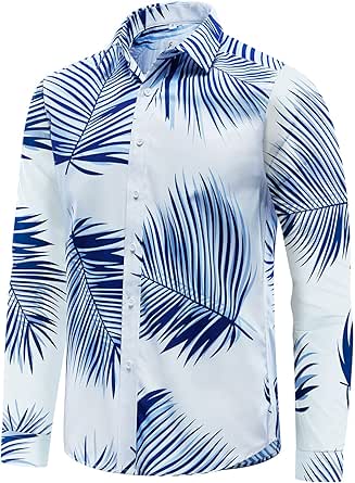 Amazon.com: EUOW 男款 夏威夷 襯衫 印花 休閒 長袖 鈕扣式 海灘 正裝襯衫 : 服裝，鞋子和珠寶