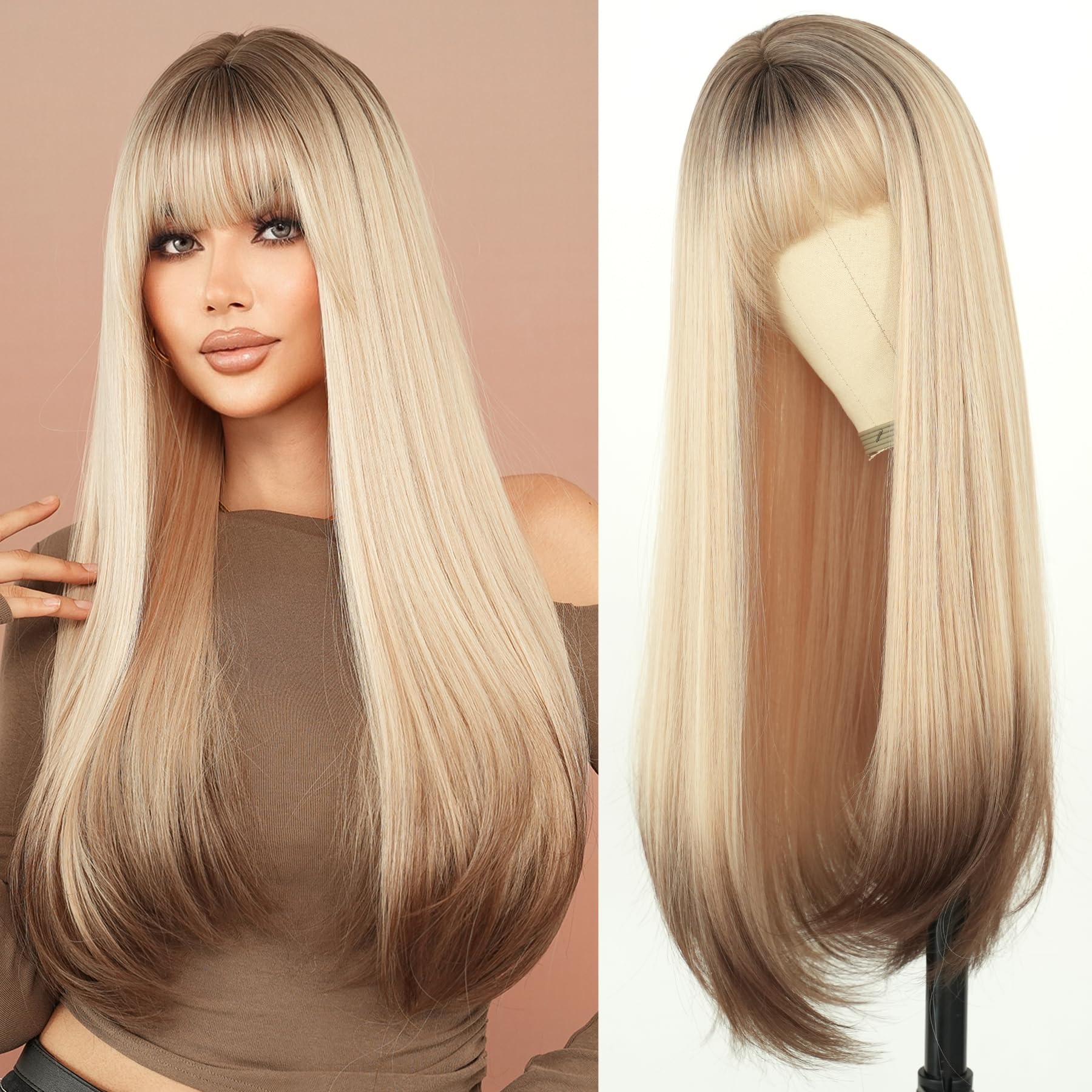 Amazon.com : 7JHH WIGS Long Straight Wig with Bangs 28in Ash Platinum Blonde Wig with Brown ...