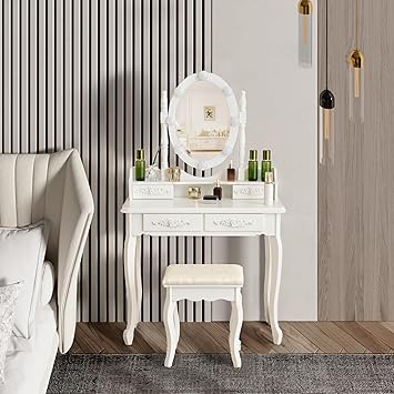 Amazon｜OSJ ドレッサー 化粧台 テーブル 鏡台 LEDライト付き 女優ミラー 姫系 収納沢山 スツール付き 引き出し 収納 メイク台 シンプル 大容量 可愛い (LEDミラー(単面鏡 ...