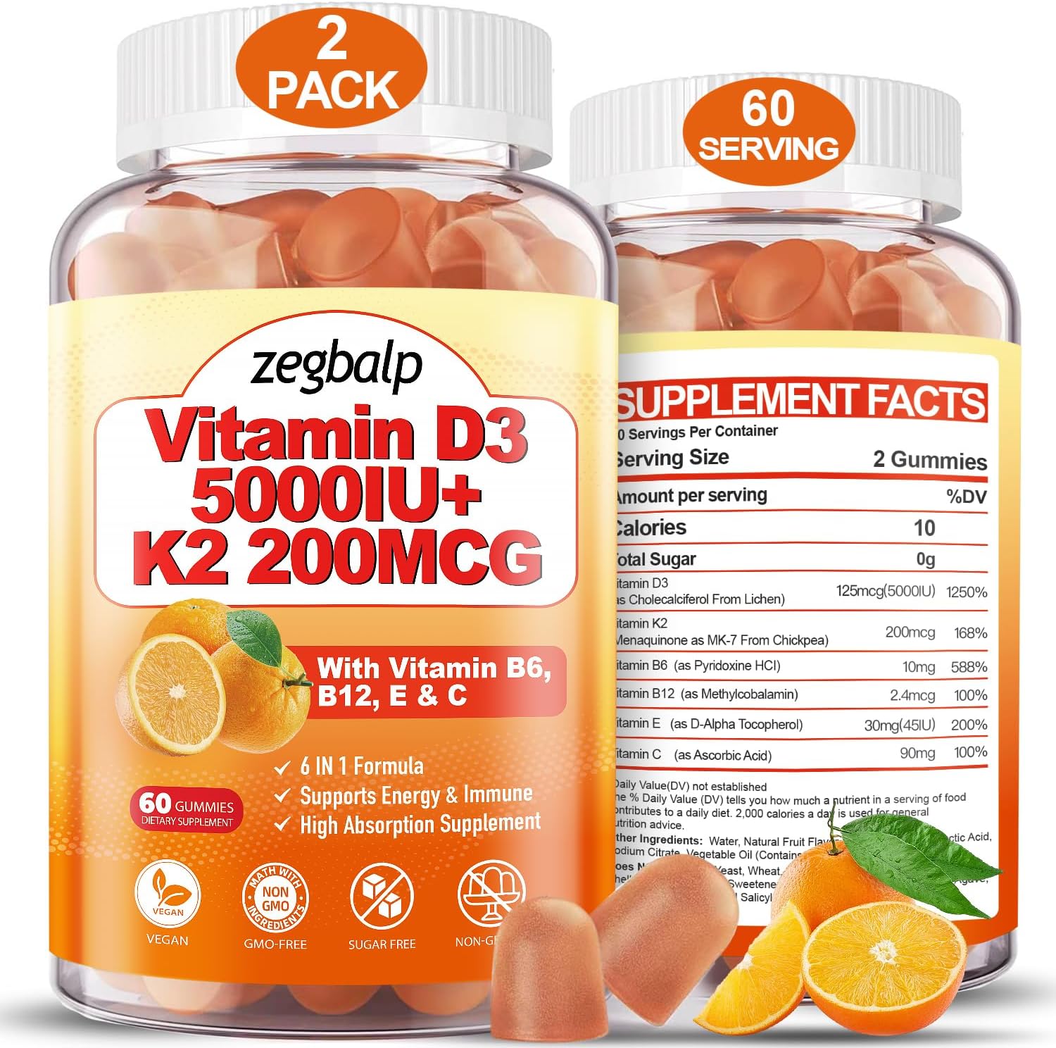 Amazon.com: 2Packs Vitamin D3 K2 Gummies for Adults, Sugar-Free Vitamin ...