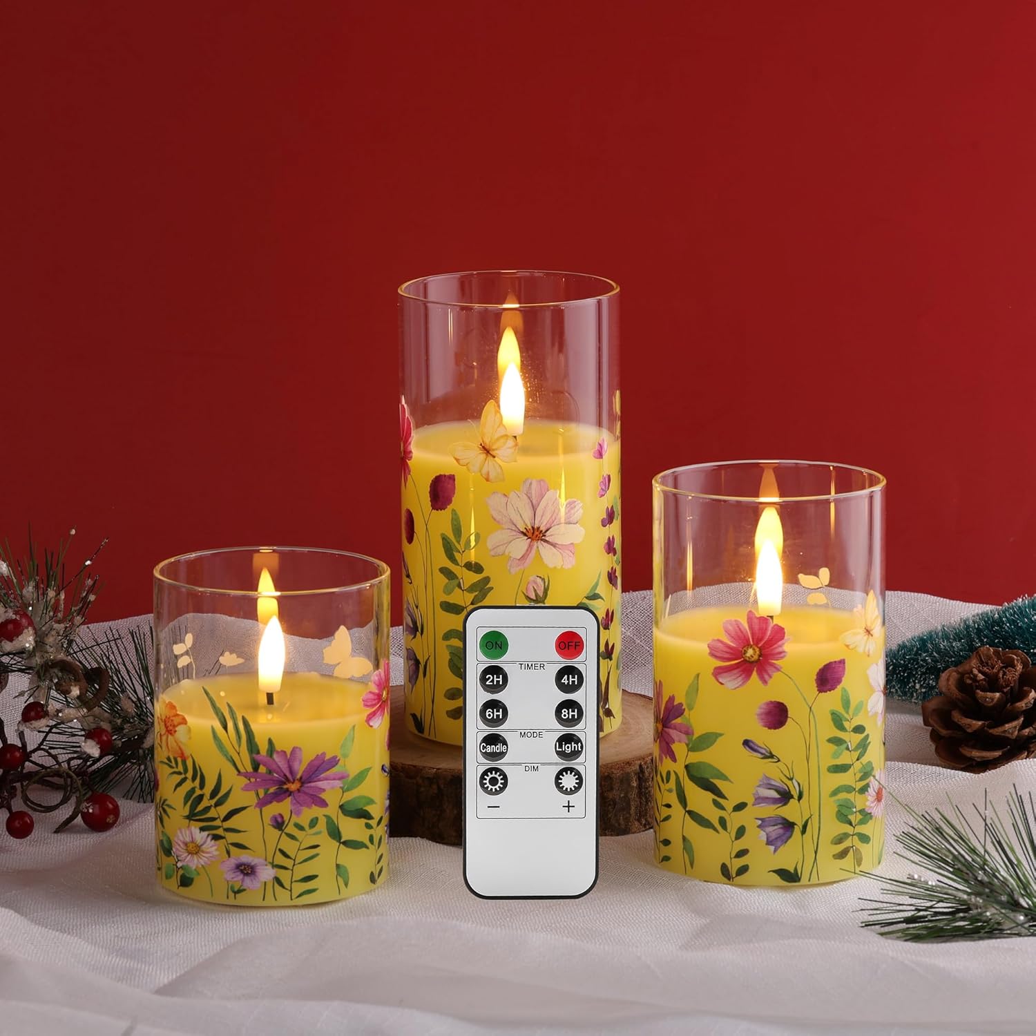 Amazon.com: Eywamage Yellow Floral Flameless Candles in Glass Jars ...
