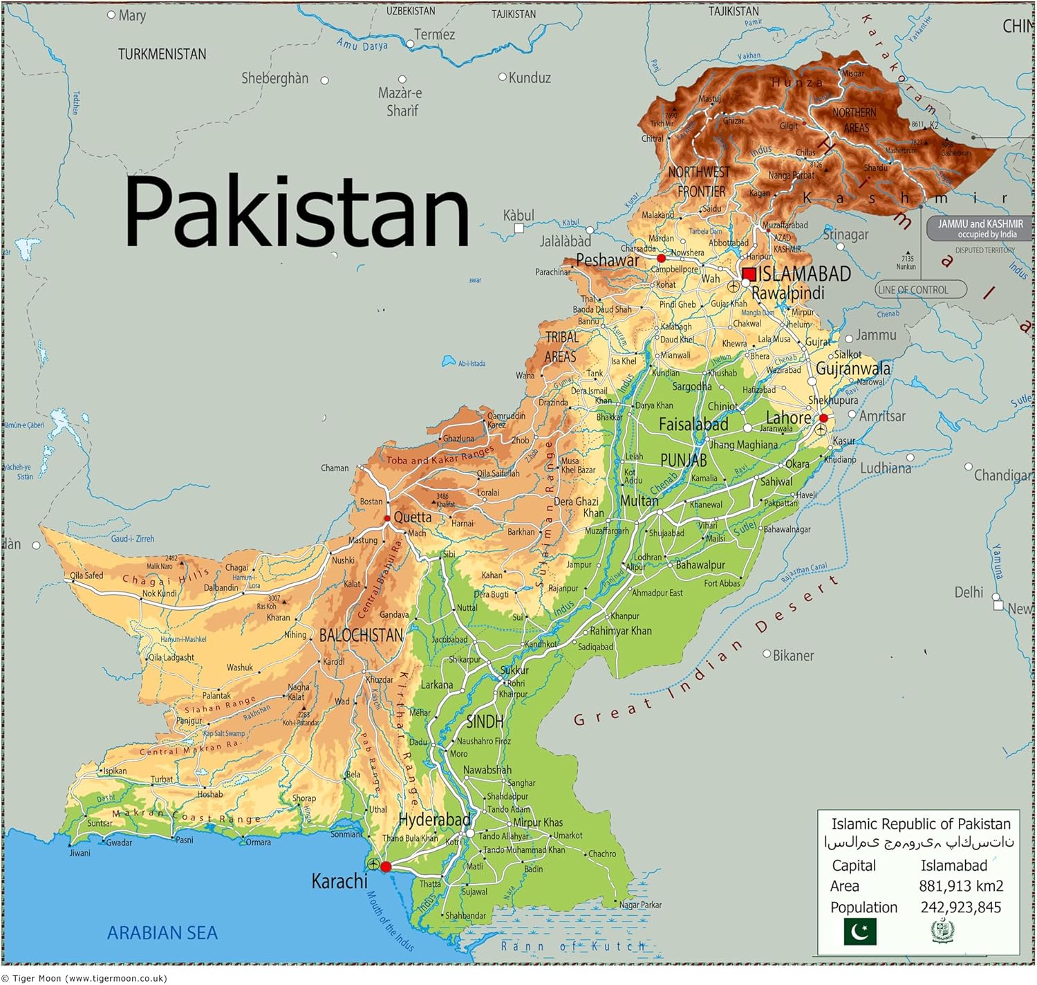 Physical Map of Pakistan - The Oxford Collection - Size 84.1 x 80 cm ...