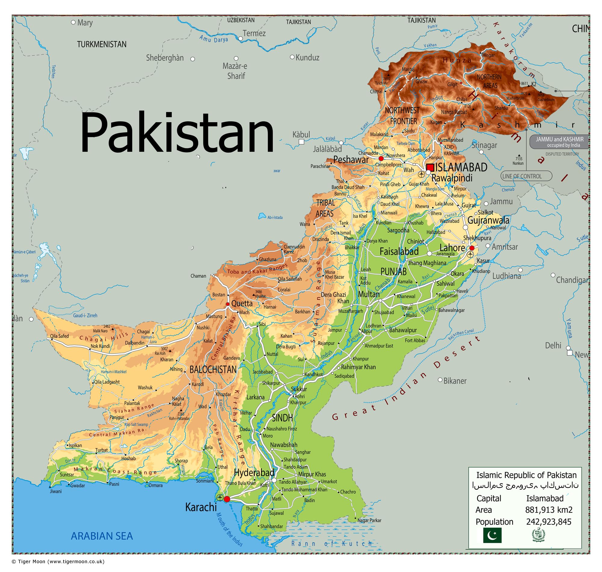 Physical Map of Pakistan - The Oxford Collection - Size 59.4 x 56.3 cm ...