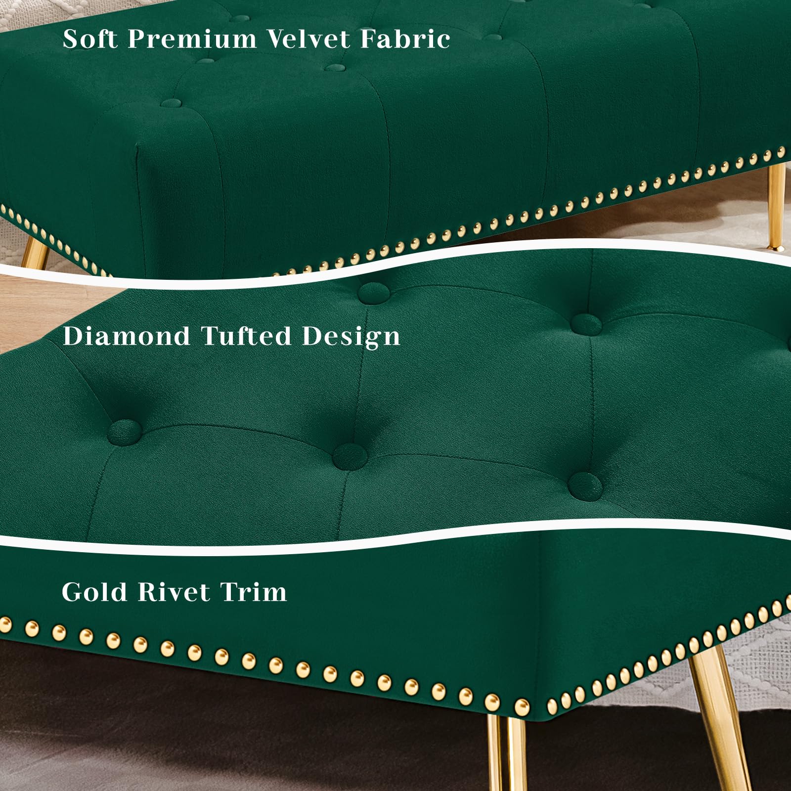 ROWHY 45" Velvet Ottoman Bench, End of Bed Bench with Gold Base ...