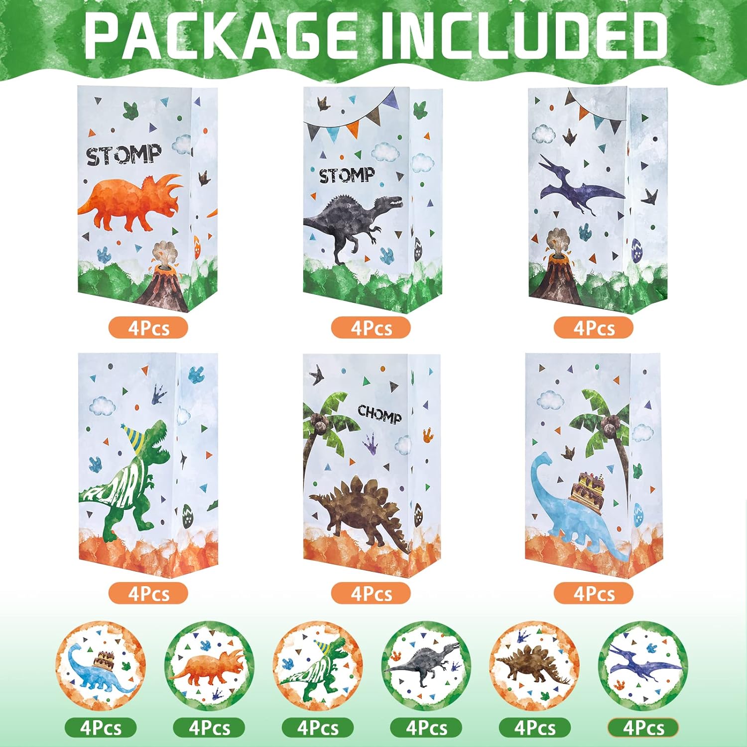 WERNNSAI Watercolor Dinosaur Gift Bag – 24 PCS Dinosaur Party Supplies ...
