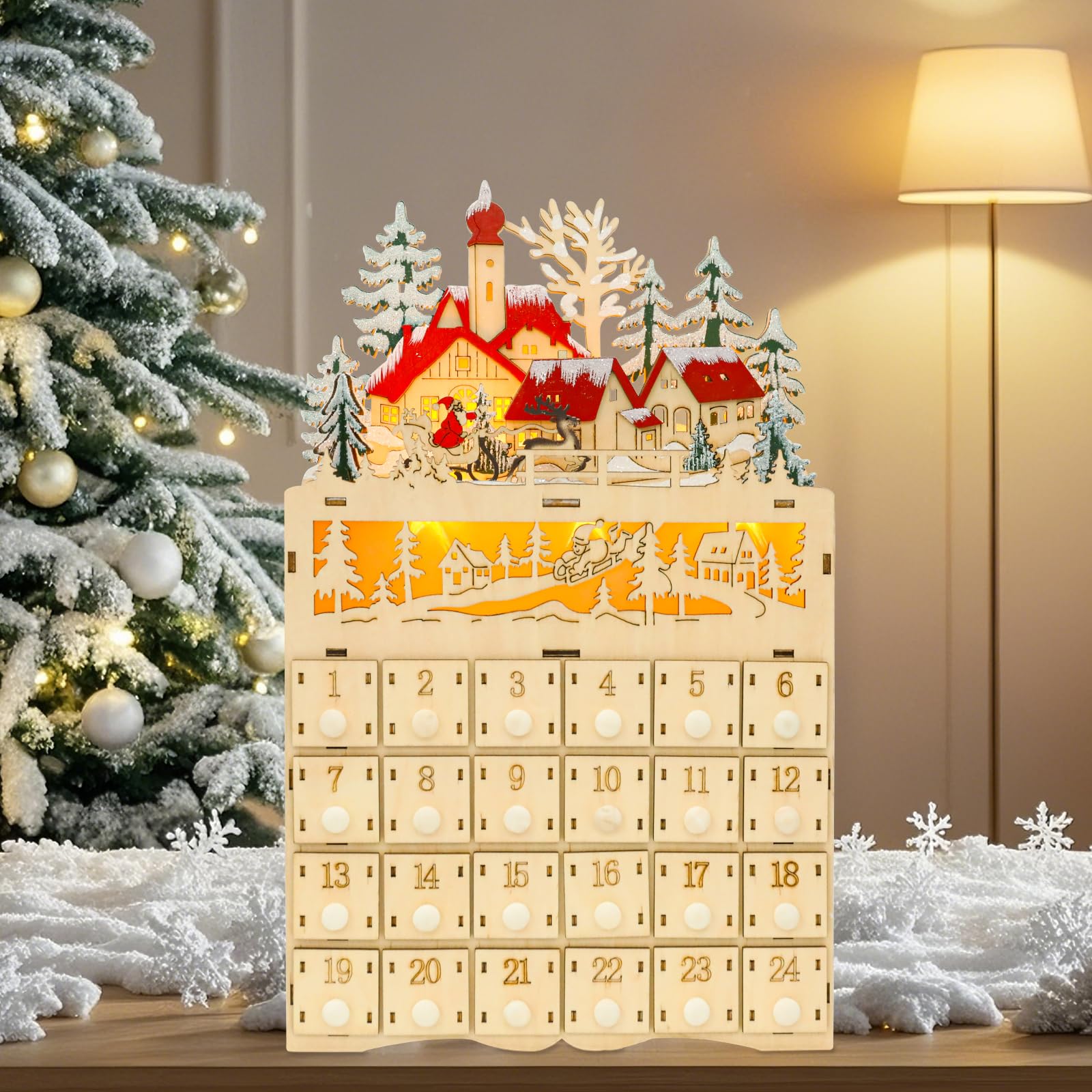 Amazon.com: Christmas Advent Calendar 2024-Wooden Calendar Advent with Drawers - Lighted Forest ...