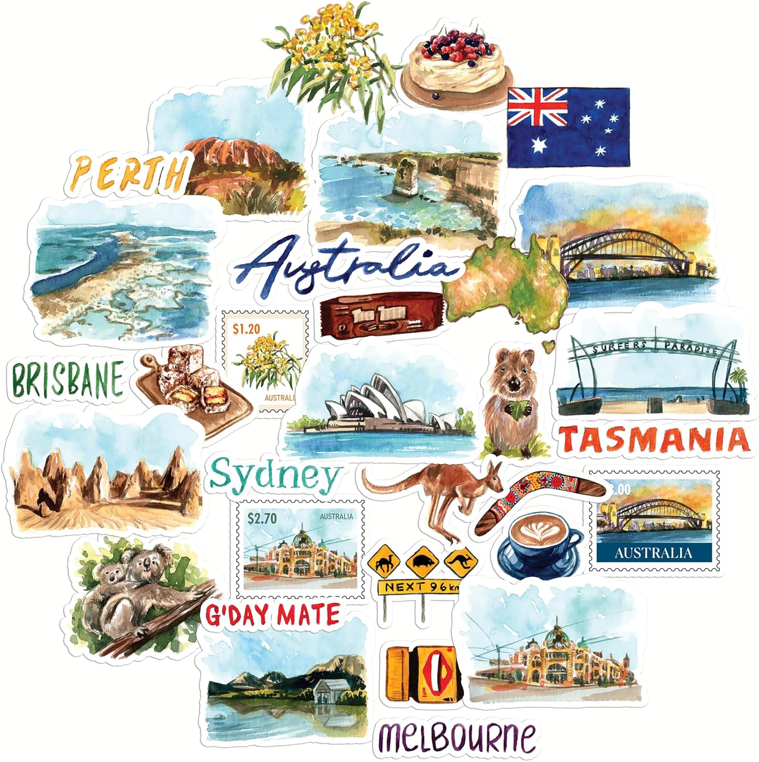 Navy Peony Outback Australia Travel Stickers (32pcs) - Watercolor ...