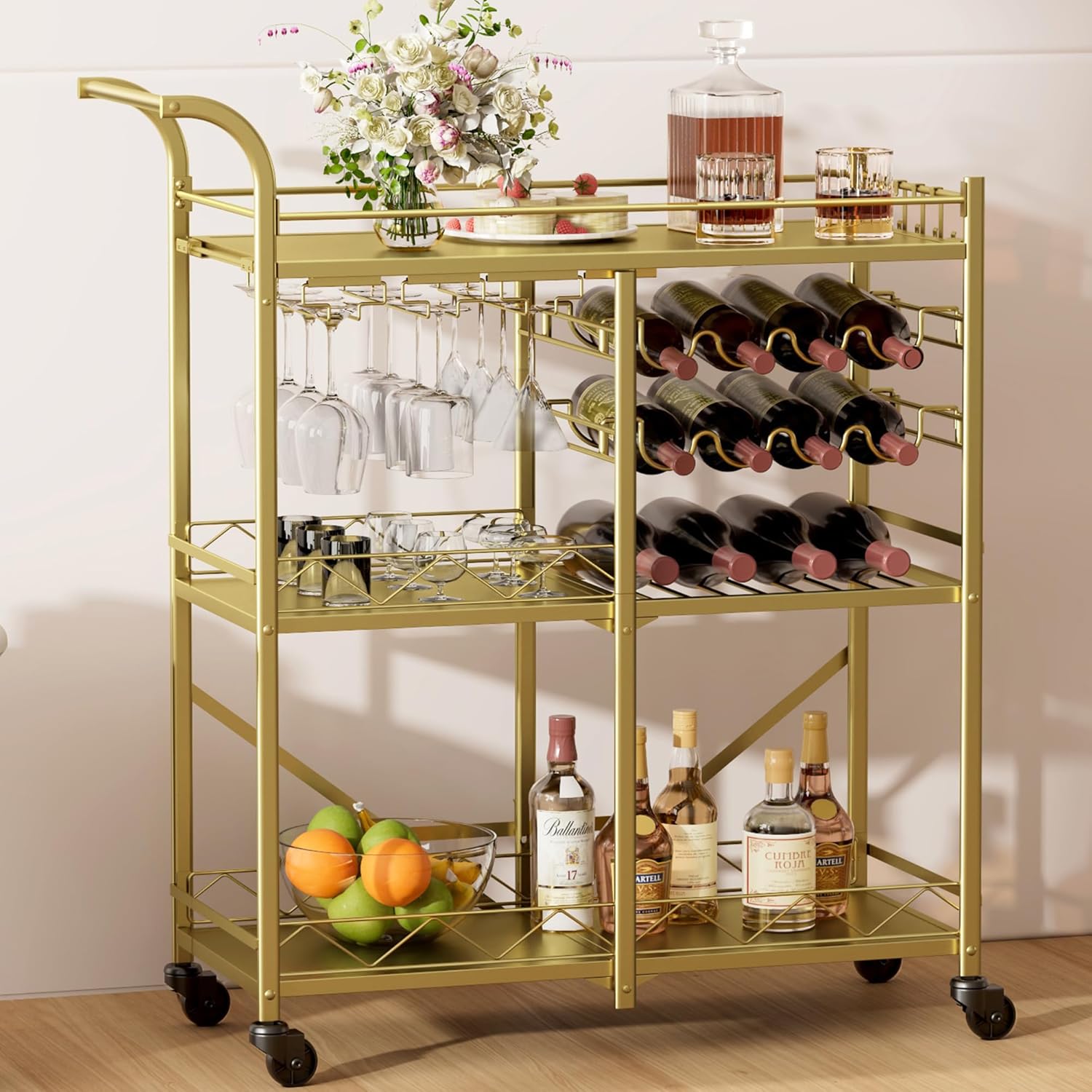 Amazon.com - Gold Bar Cart, 3 Tier Home Bar & Serving Carts with Wheels, Modern Folding Bar Cart ...