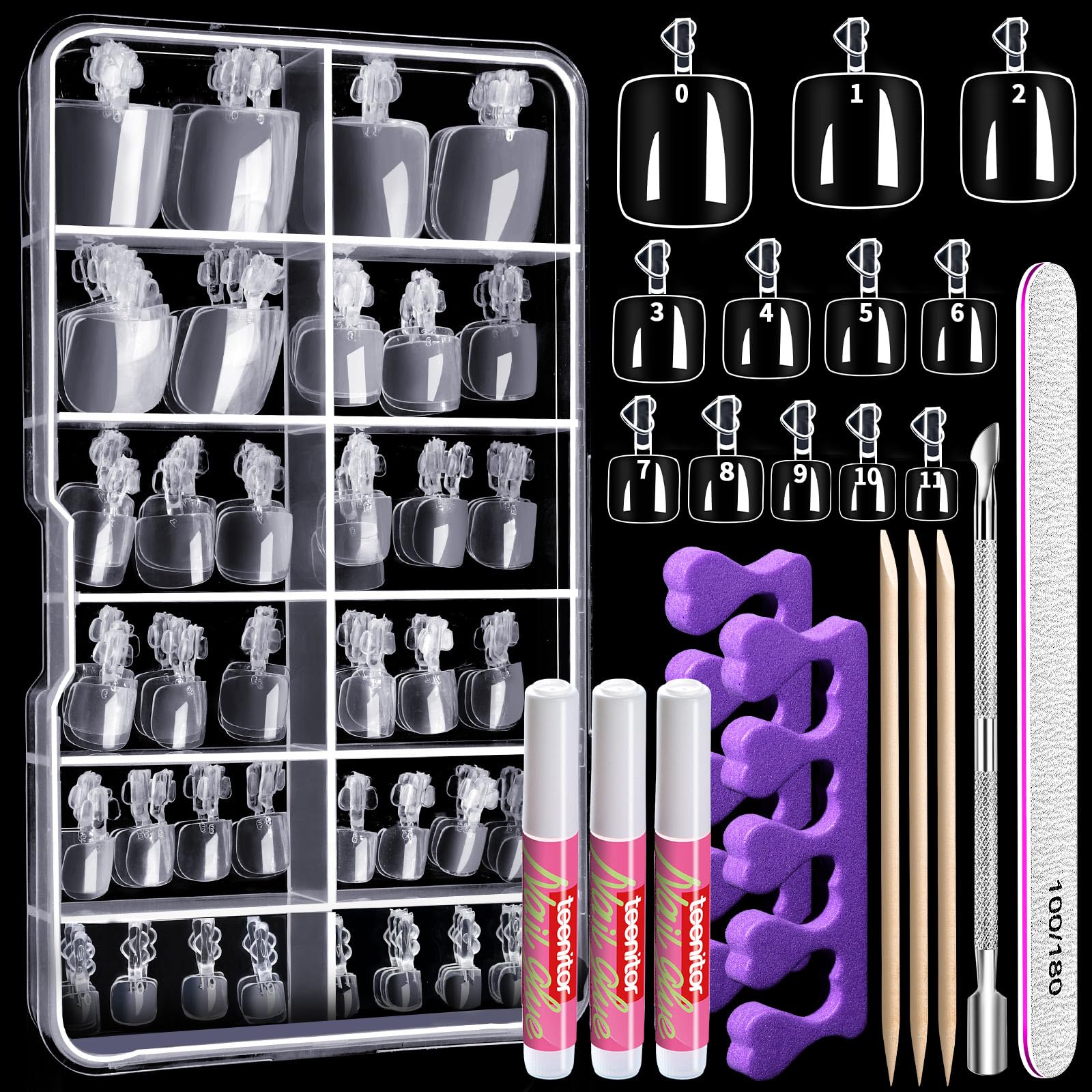 120pcs Clear Press on Fake Toe Nails with Nail Glue, Cuticle Pusher ...