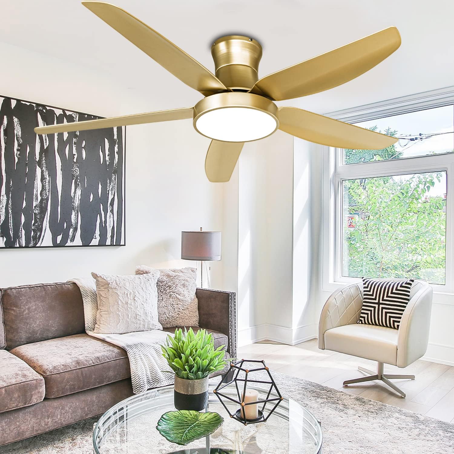 52" Gold Ceiling Fans with Lights Remote, Champagne Ceiling Fan with 5 ...