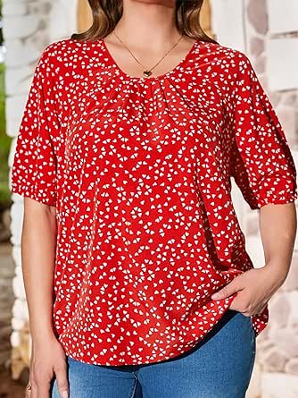 Women's Plus Size Heart Print Summer Shirt Half Sleeve Round Neck Pleated Blouse Top at Amazon ...