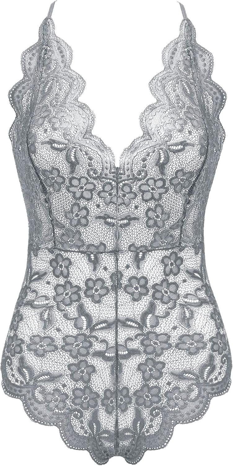 Amazon.com: Lace One Piece Teddy Lingerie Bodysuits for Women(Gray ...