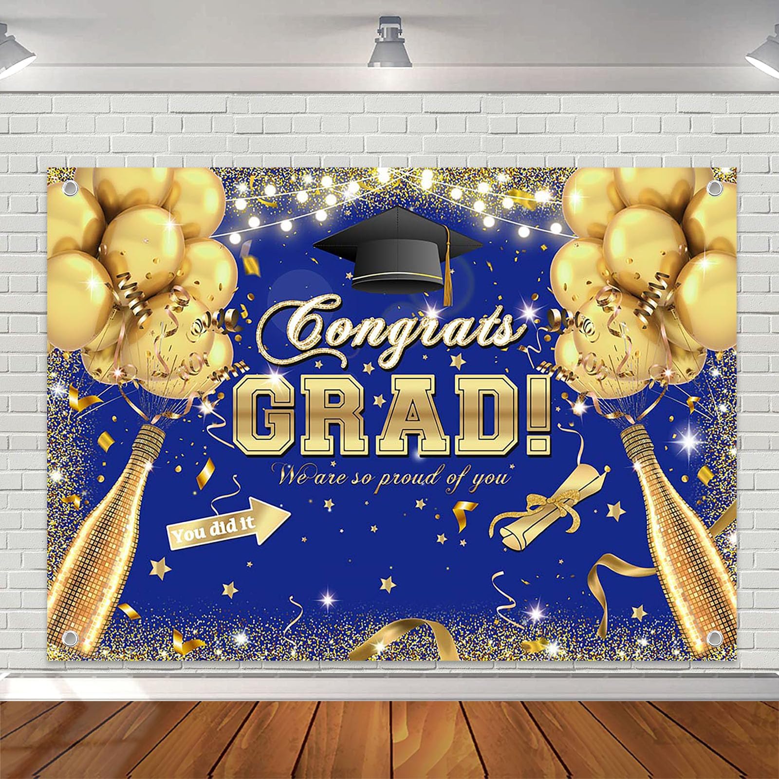 Amazon.com : AIBIIN 7x5ft Congrats Grad Backdrop Navy Blue Gold Glitter ...