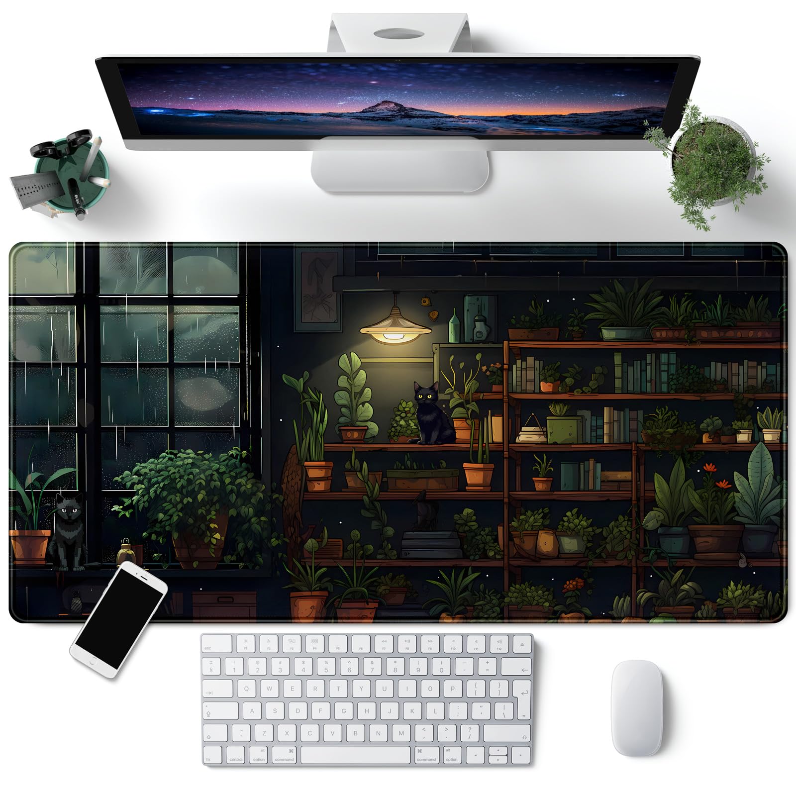 Snapklik.com : Lofi Cat Desk Mat Dark Green Plant Books Desk Pad Black ...