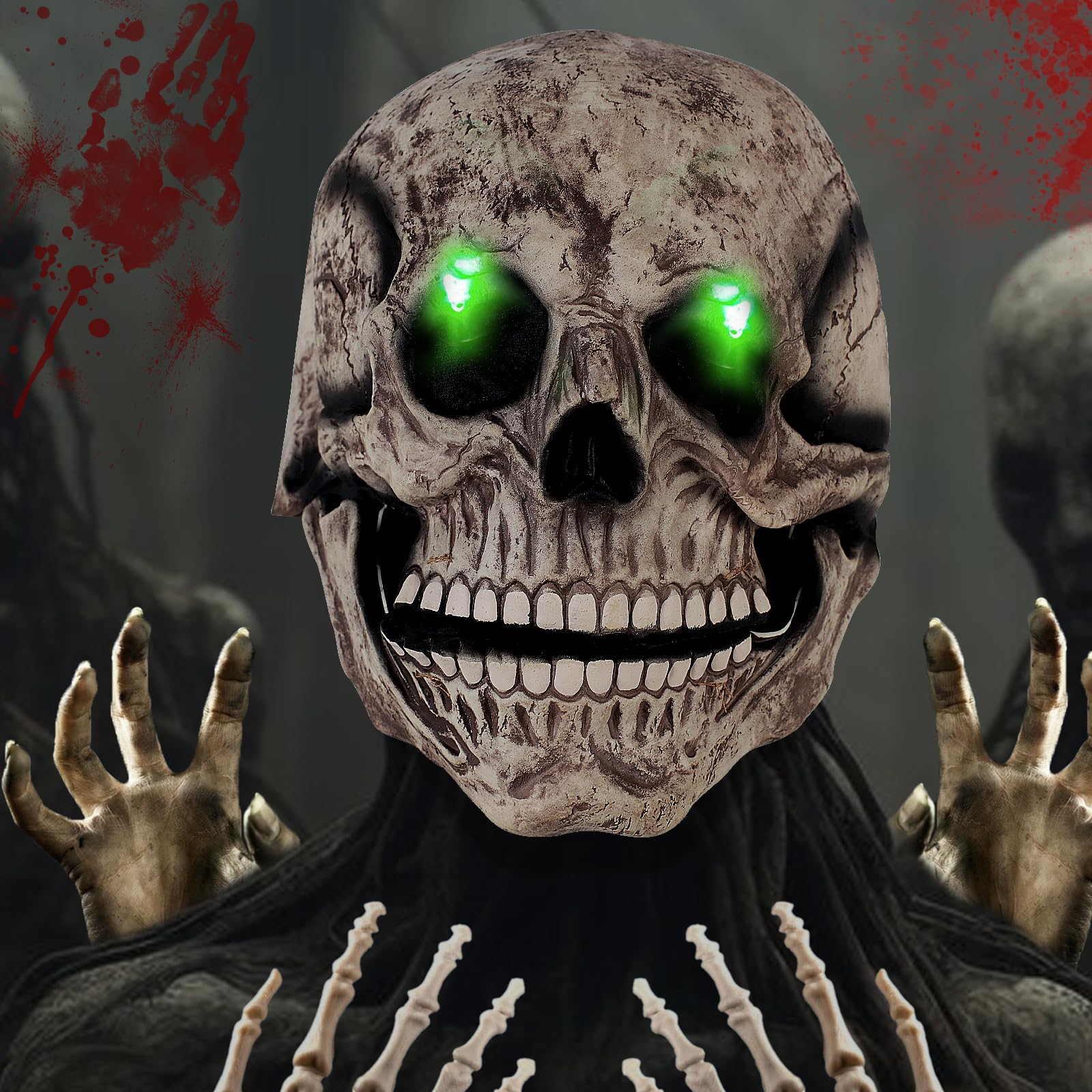 POWTHON Halloween Skull Mask Horror Mask With Movable Jaw & Glowing Eye ...